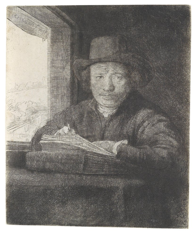 Self-Portrait Drawing at the Window by Rembrandt van Rijn