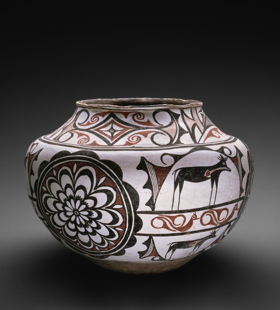 Zuni Pueblo jar with deer, birds and rosettes, 1880-85