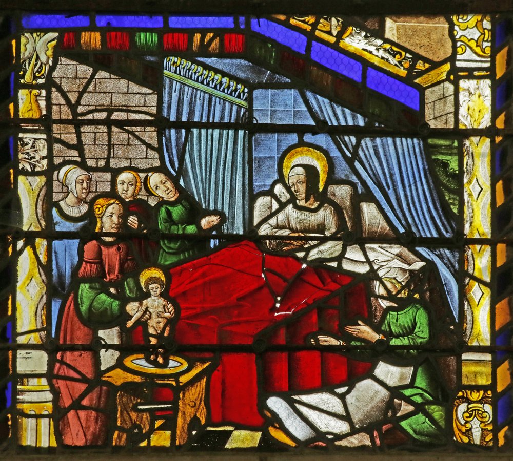 Window depicting the Birth of Saint Nicholas