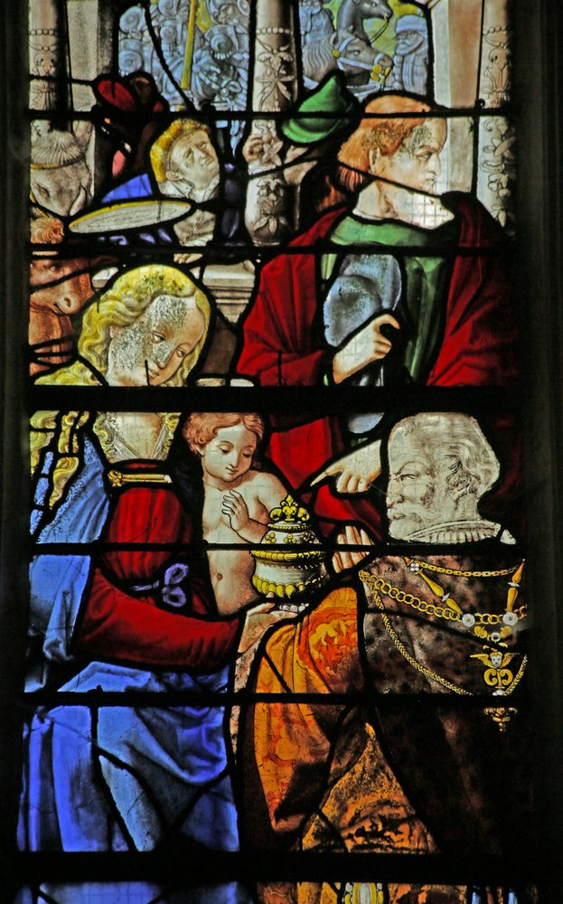 Window depicting the adoration of the Magi with St Joseph