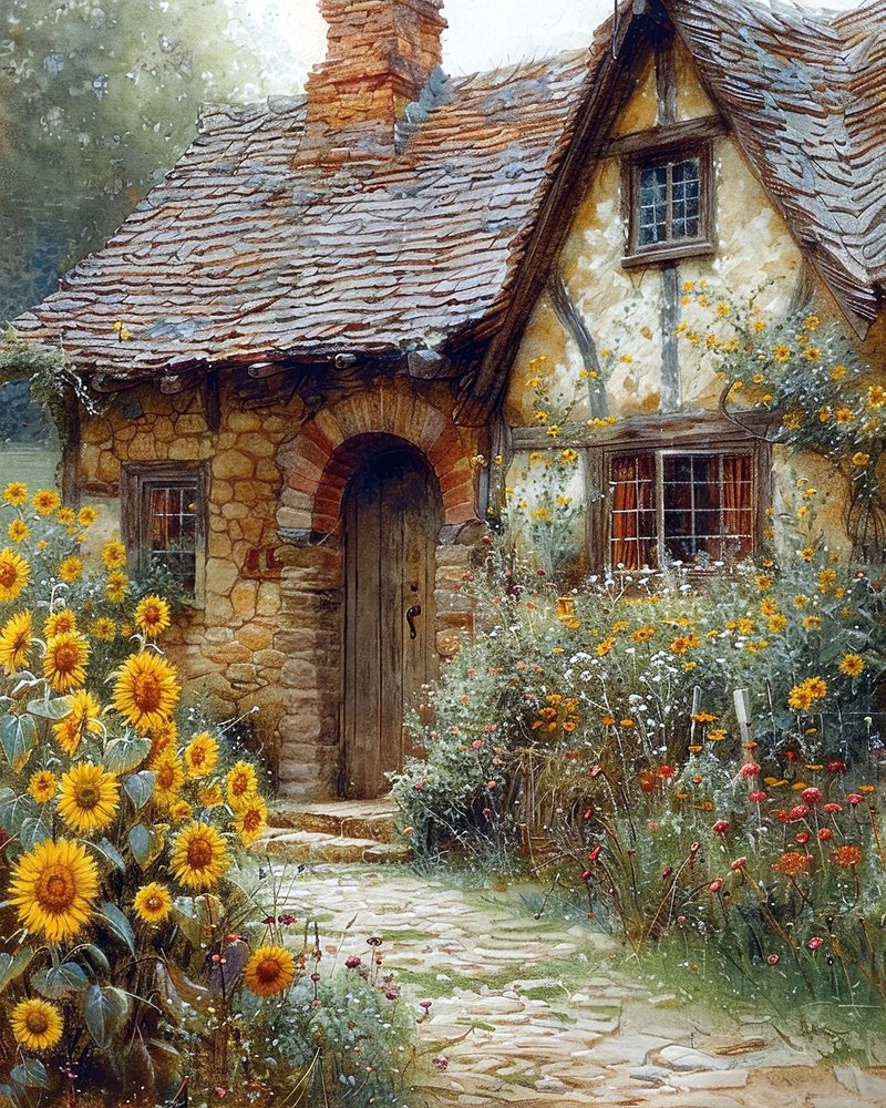 Garden of a Medieval House with Sunflowers by F. Abderrahim