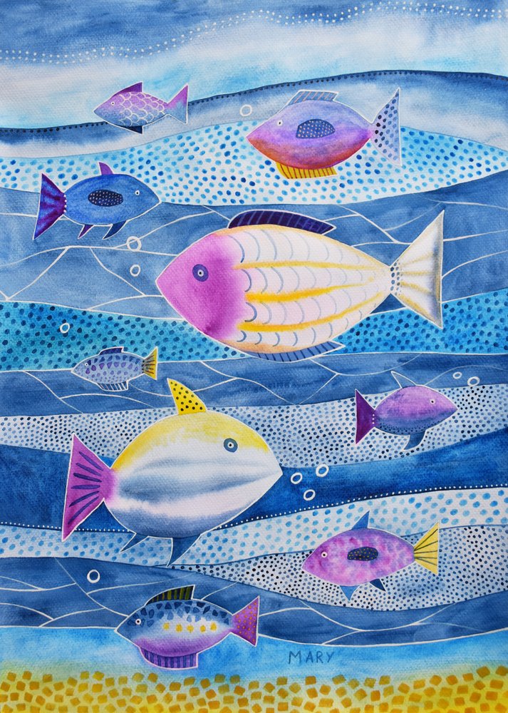 Nine Little Fish by Marys Watercolors: Buy fine art print