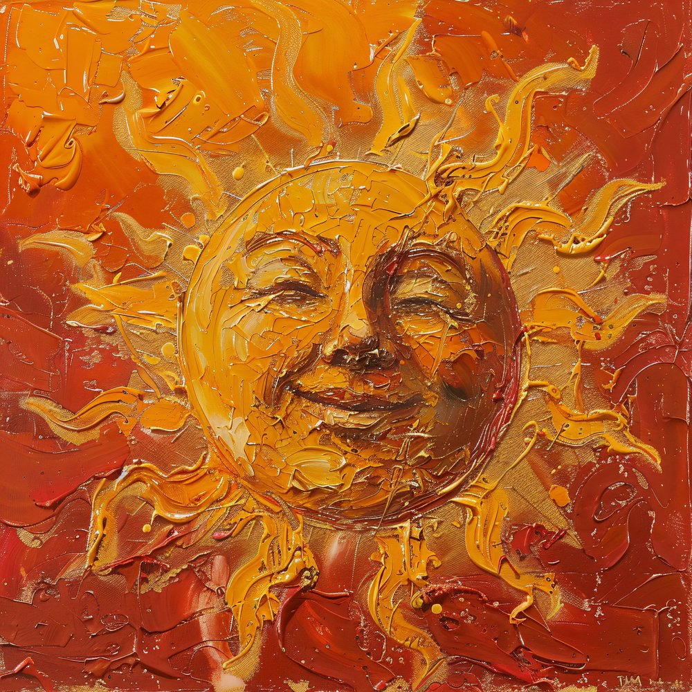 A chubby sun painted on a red and veiled background