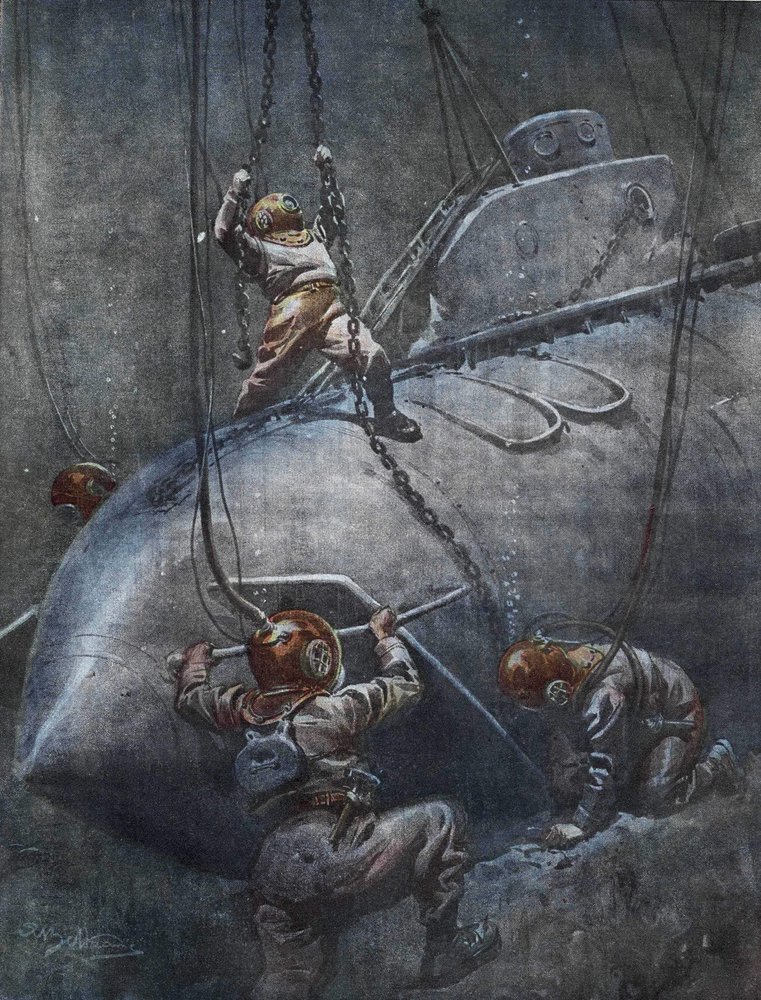 The catastrophe of the French submarine Pluviose in 1910. The scaphandlers try to fix the chains ...