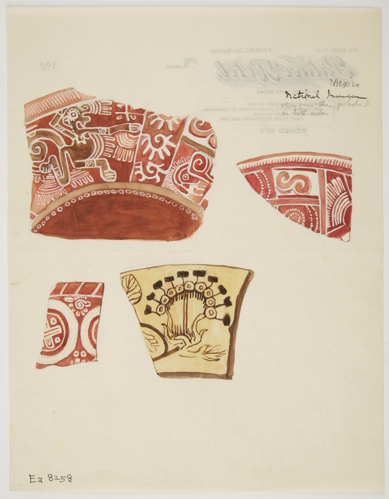 Three fragments of red pottery with designs including a running dragon ...