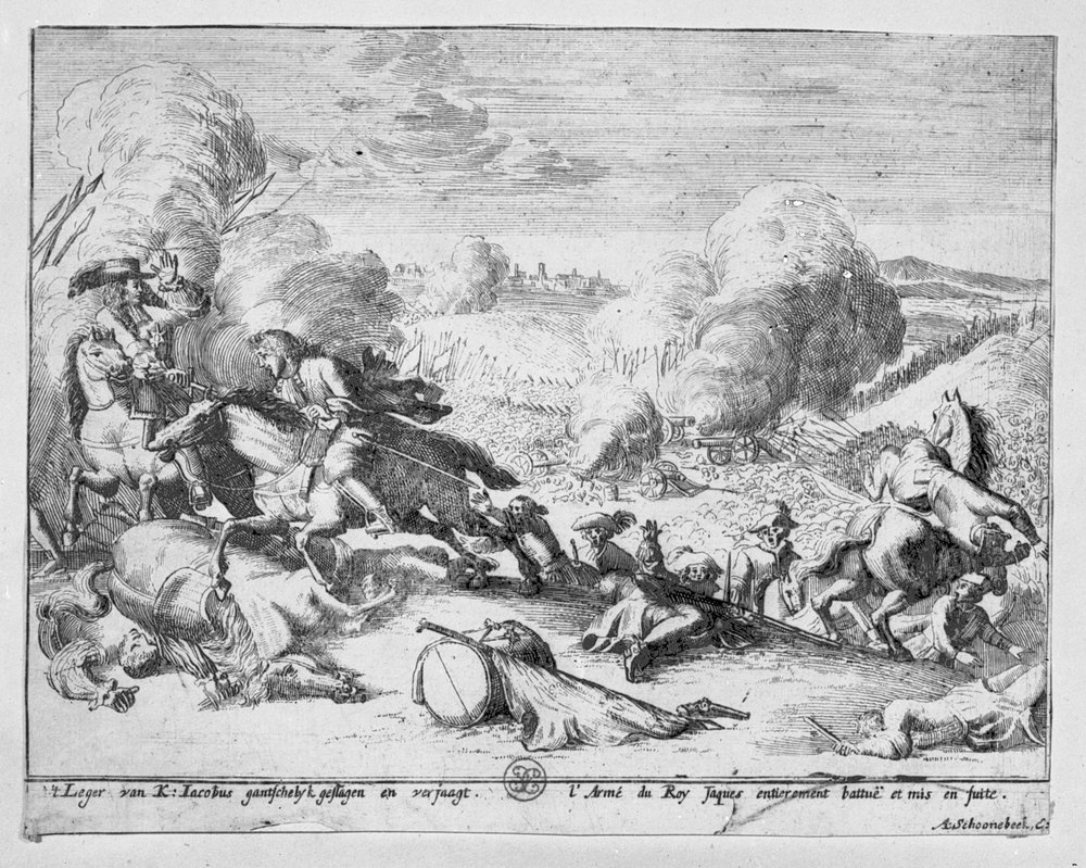 King James's troops are defeated at the Battle of the Boyne and flee, 1690