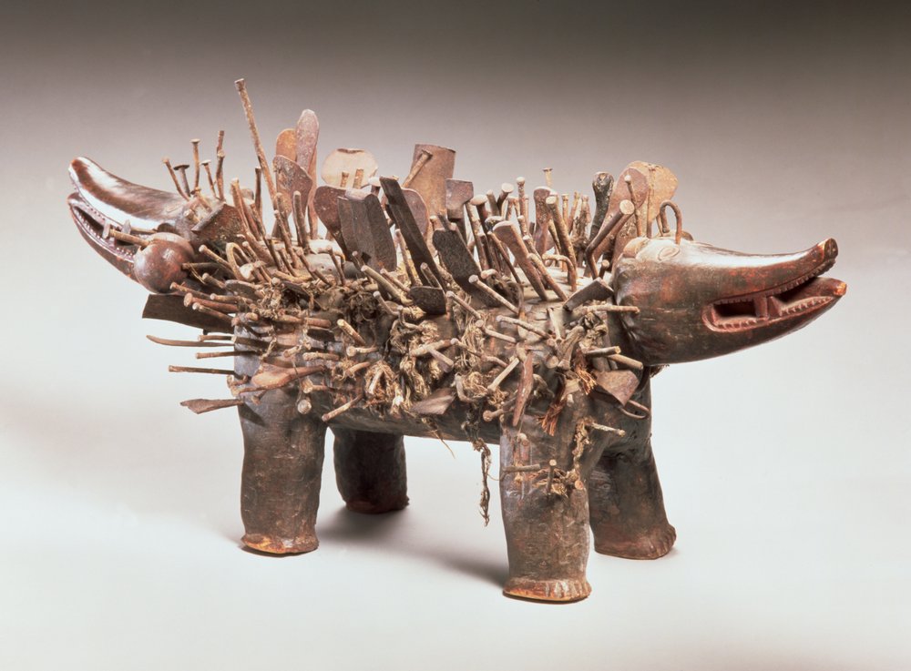 Kongo nkisi nkondi in the form of a two-headed dog, Kozo, from Cabinda