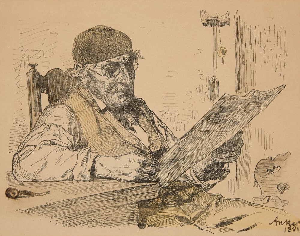 Farmer Reading Newspaper by Albert Anker: Fine art print