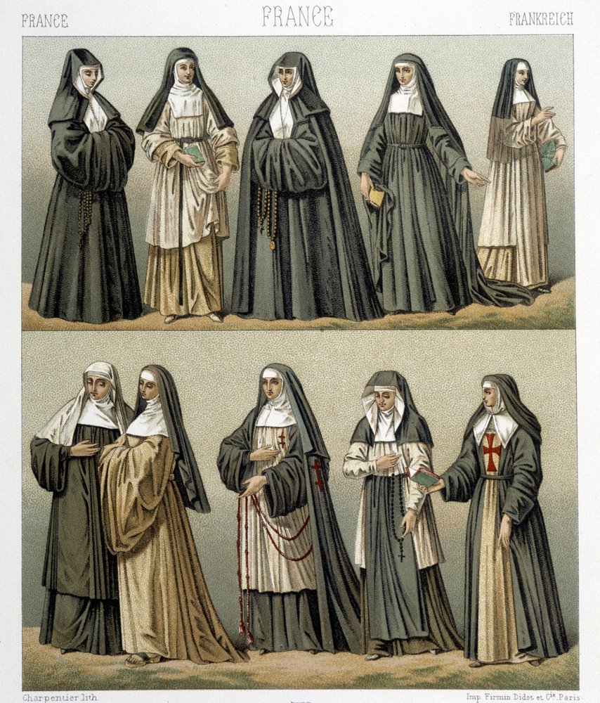 Costumes of nuns in France in the 18th century. Illustration in 'Le ...