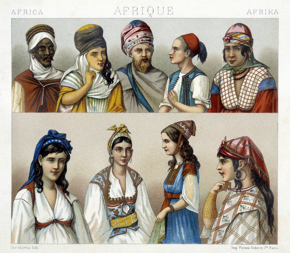 Traditional costumes and headdresses of men and women in Algeria ...