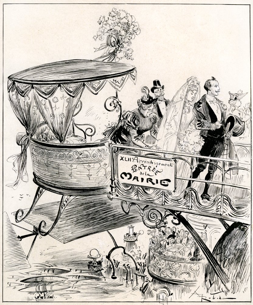 Wedding of the future: a couple arrive in a gondola and enter the ...