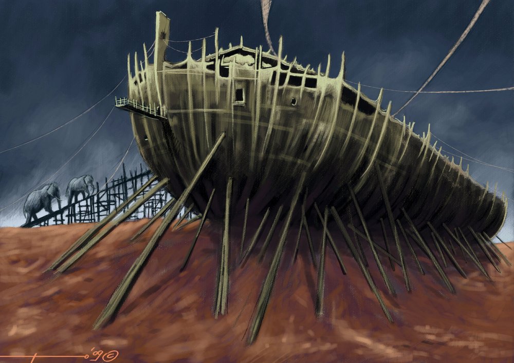 A couple of elephants ride aboard Noah's Ark