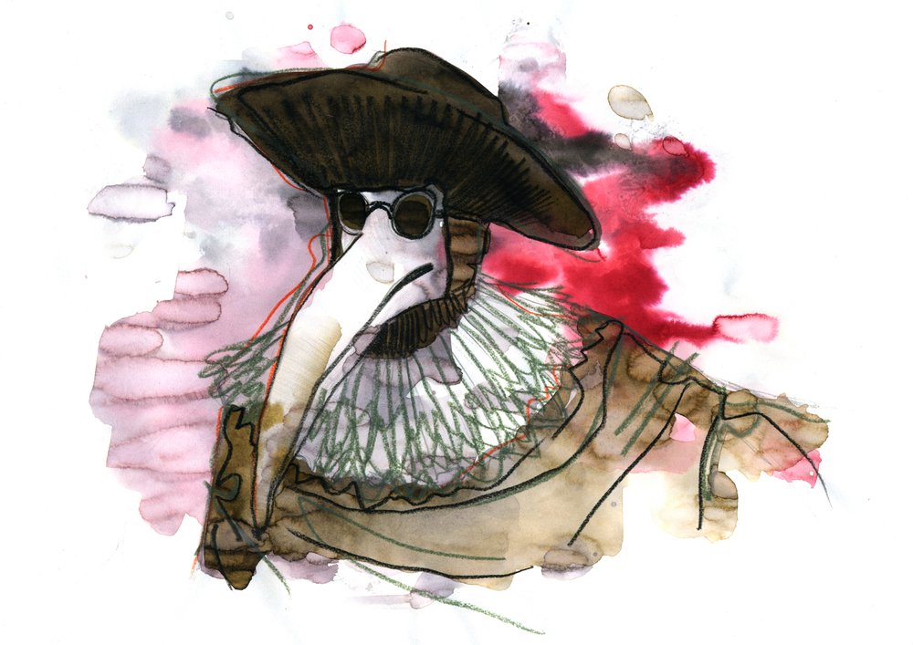 A plague doctor wearing a beak-like mask filled with aromatic items
