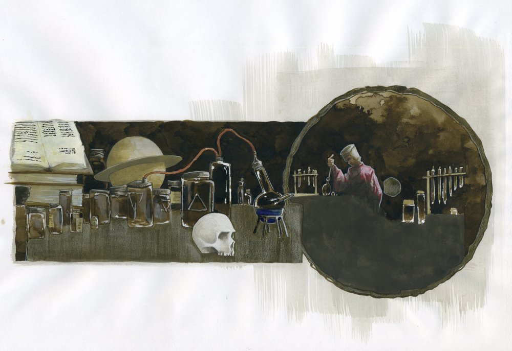 Alchemist in His Laboratory Surrounded by Vials and Stills