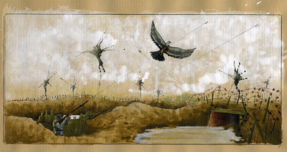 WWI: a German soldier shooting at a homing pigeon carrying a message