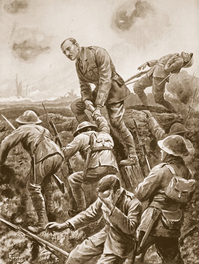 Temporary Major S.W. Loudoun-Shand helping men over the parapet while ...