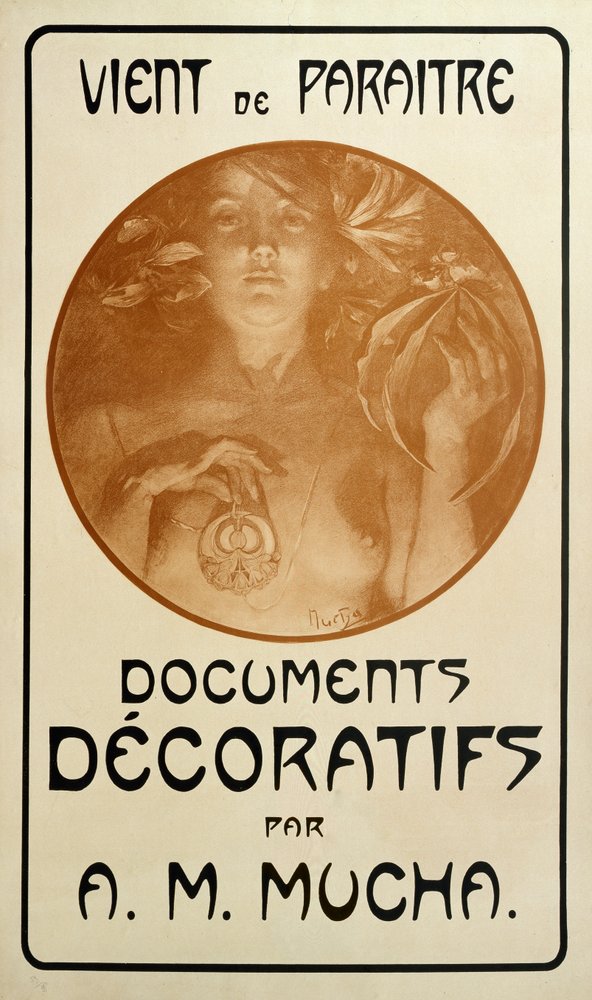 Advertisement for the monograph Decorative Documents by Alphonse Mucha