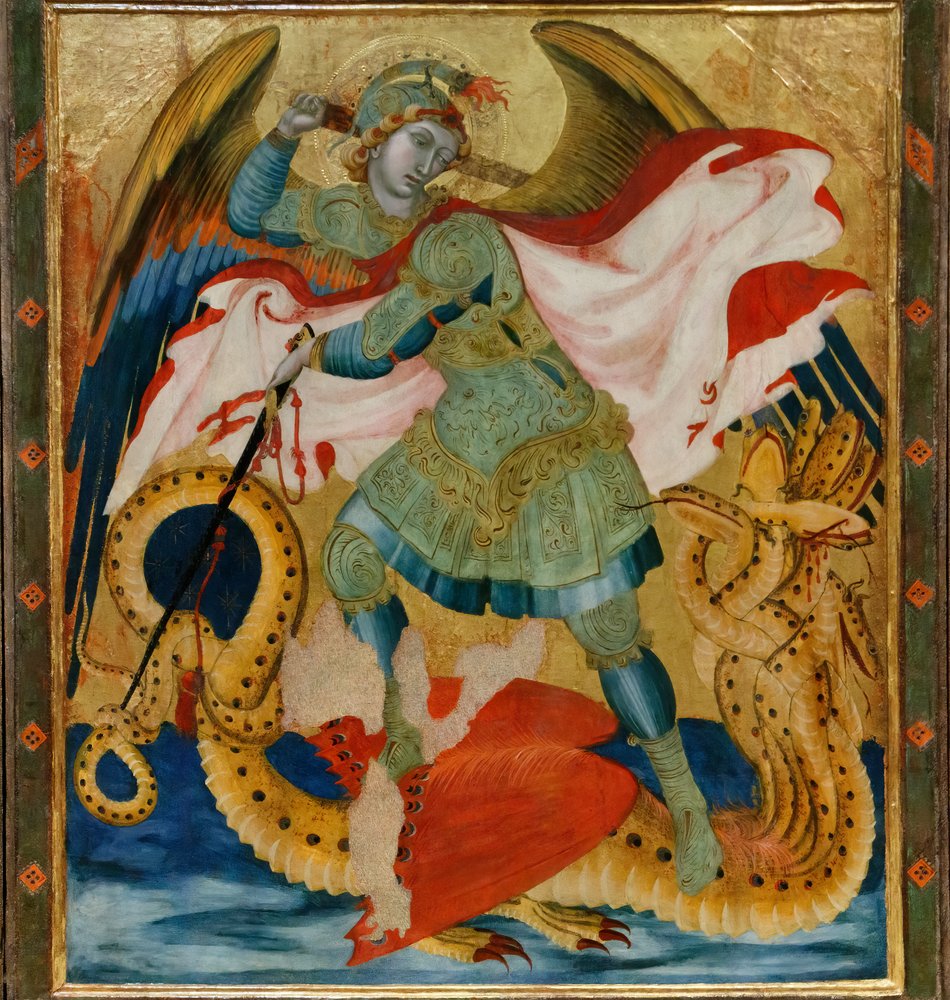 Saint Michael the Archangel slaying the dragon between Saints Benedict ...