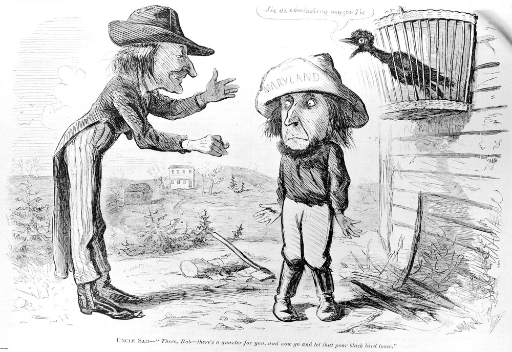 Cartoon satirising the abolition of slavery in Maryland, from Frank ...