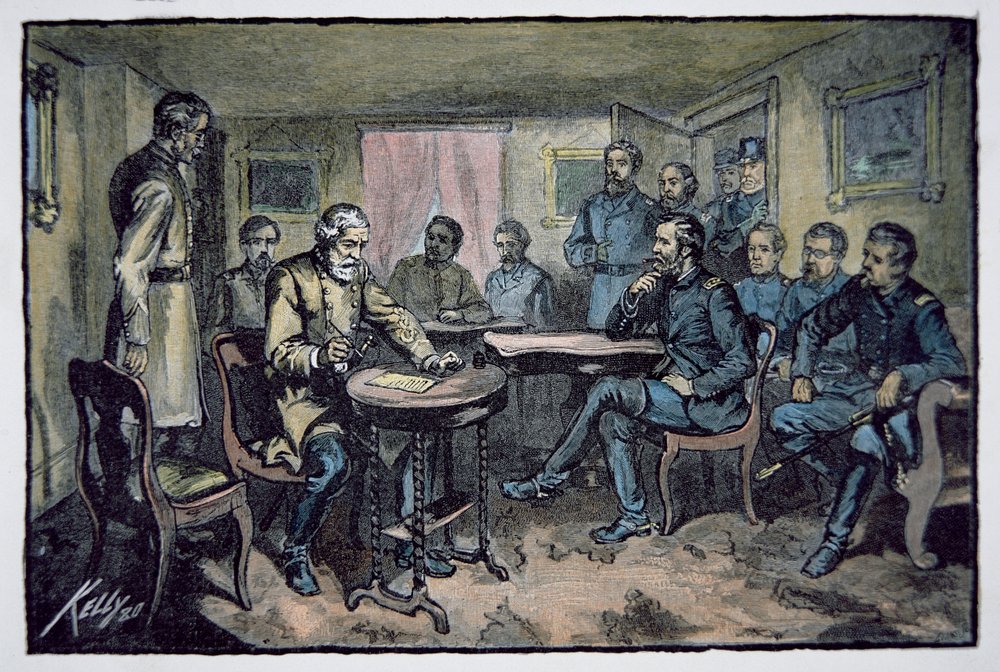 General Robert E. Lee surrenders to General Ulysses S. Grant at ...