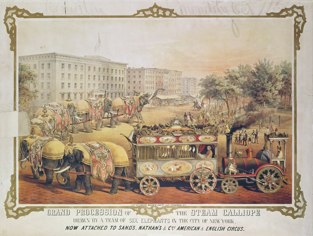 Grand Procession of the Steam Calliope Drawn by a Team of Six Elephants ...