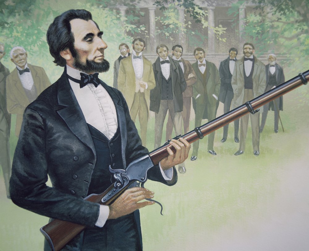 President Abraham Lincoln test-fires the Spencer seven-shot repeater ...