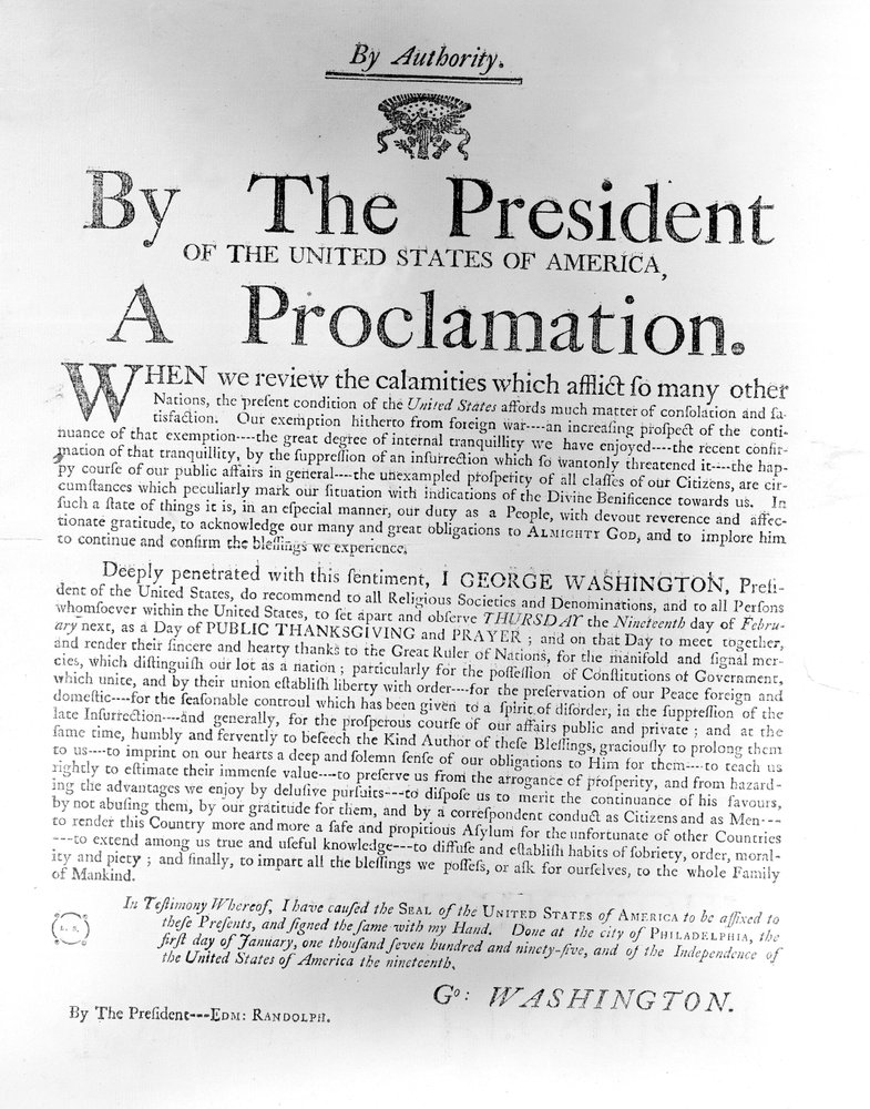 Proclamation from President George Washington setting apart Thursday ...