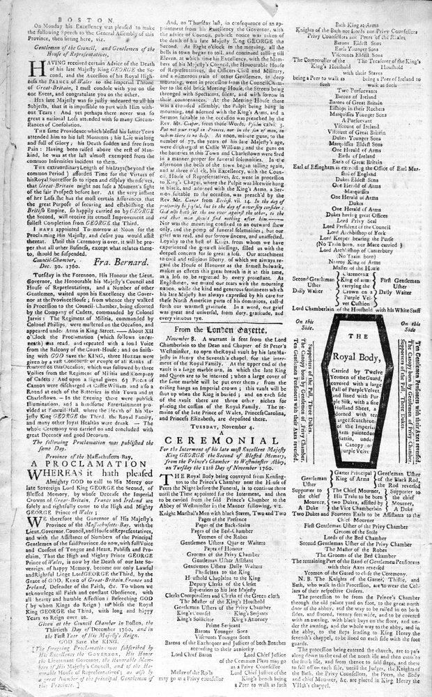 Second page of the Boston Evening Post announcing the death of King George II (1683-1760), 5th ...