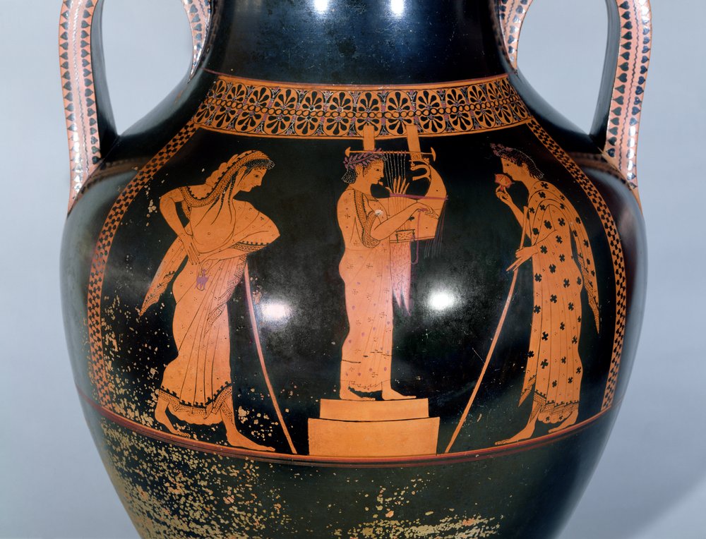 Attic red-figure amphora depicting a citharede performing in a musical ...