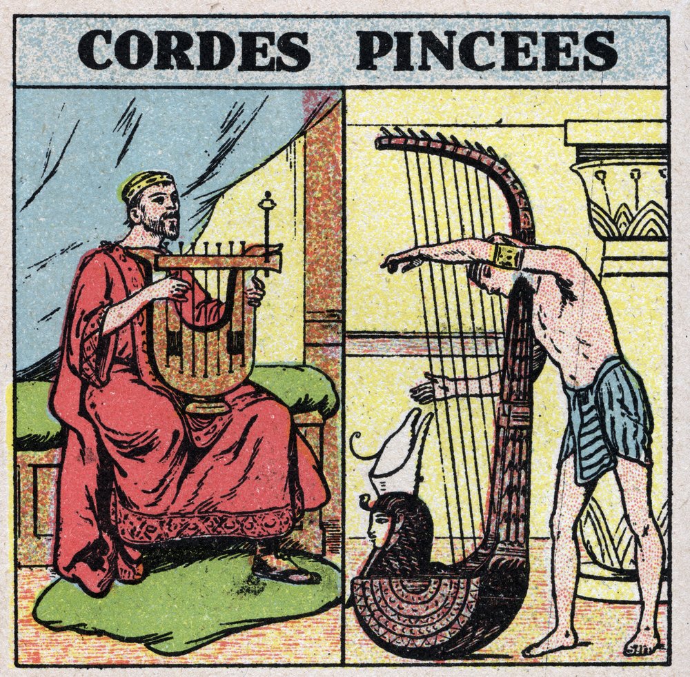 Musical instruments: string instruments clamped. Lyre and harp players ...