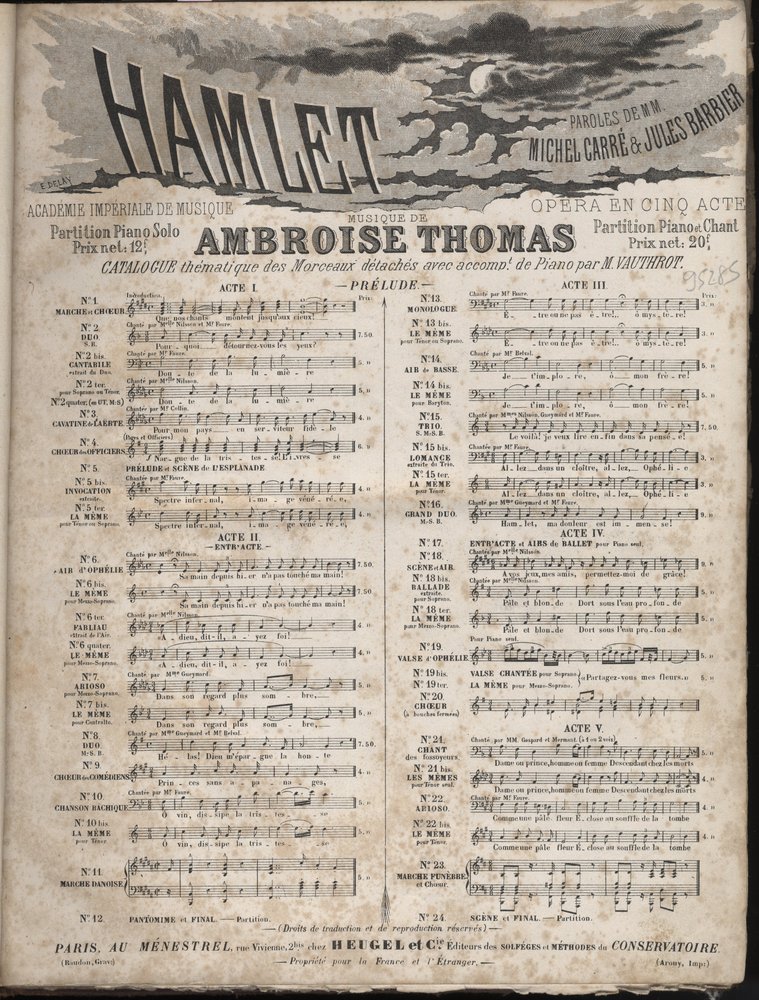 Score of HAMLET Opera by Ambroise Thomas in five acts on a libretto by ...