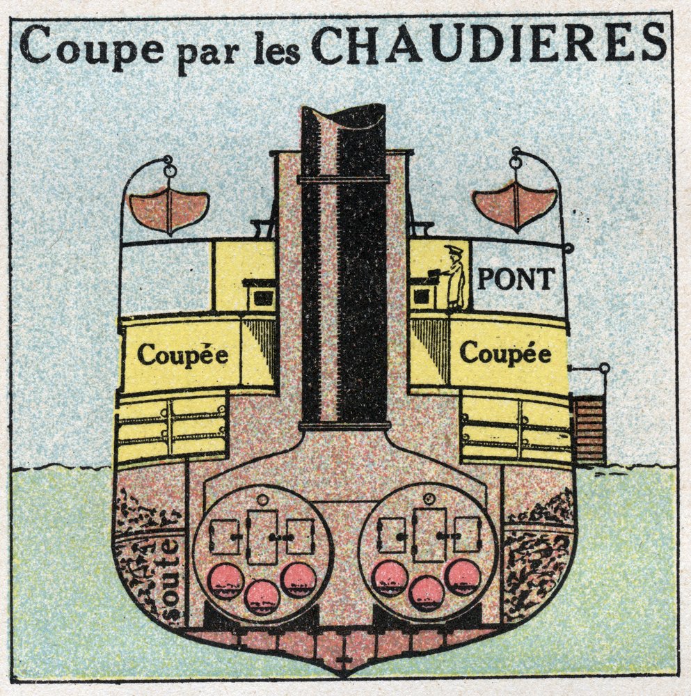 Ships: cross-section of a vessel with wheels by boilers. Anonymous ...