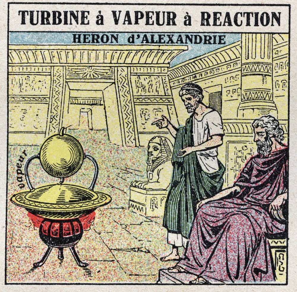 The steam machine: a reaction steam turbine. Eolipyle invented by the ...