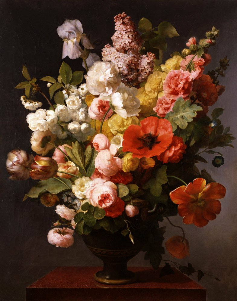 Still life of summer flowers with peonies, irises, and lilacs. 1819 ...