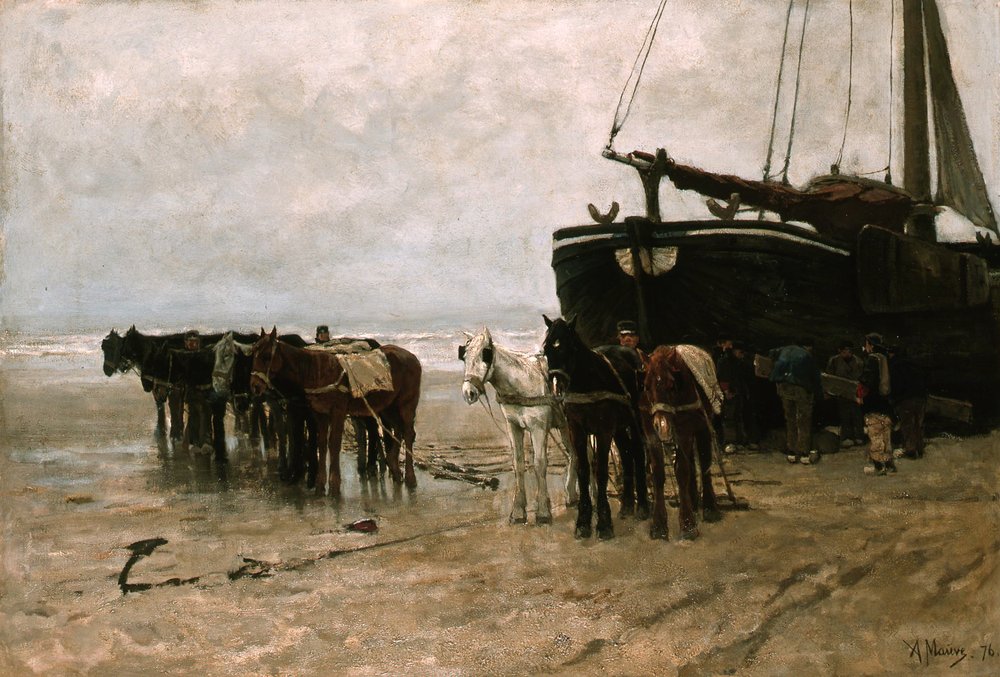 Fishing Boat with Tow Horses on Scheveningen Beach