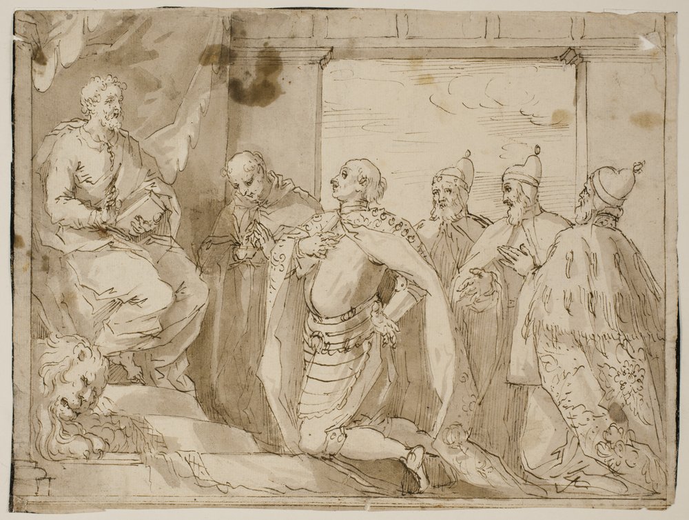 A Garbed Warrior, a Man in a Mantle and Three Doges Kneeling before the ...