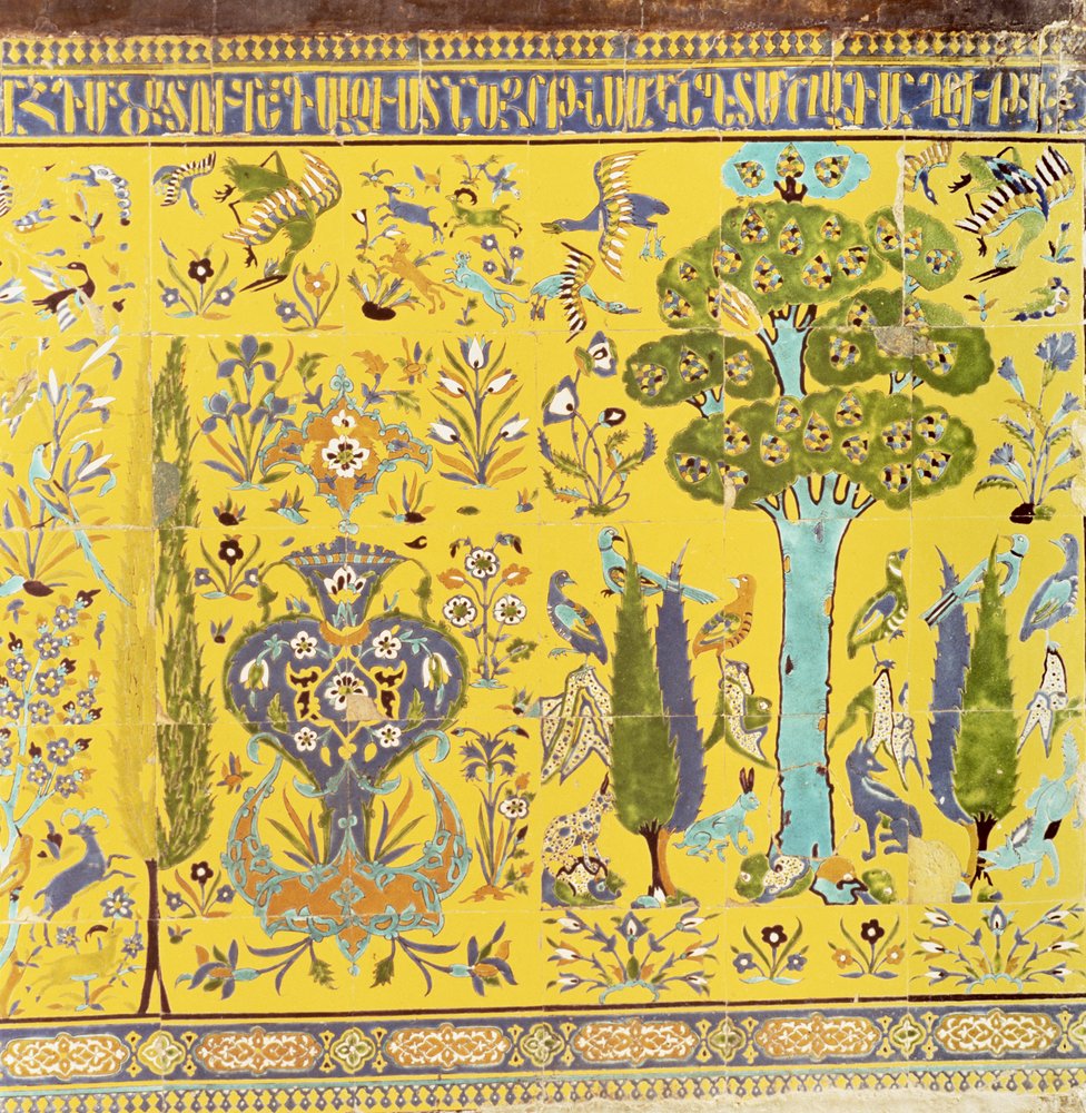 Detail from the lower section of tiles of an interior wall, church ...