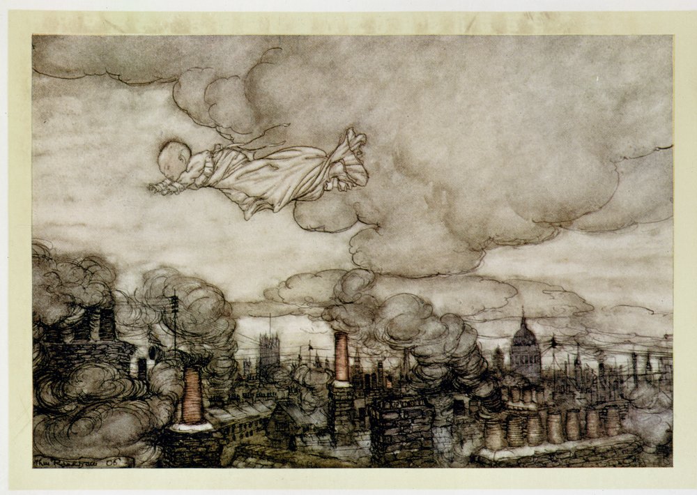 Peter Pan flying over London, illustration from 'Peter Pan' by J.M. Barrie