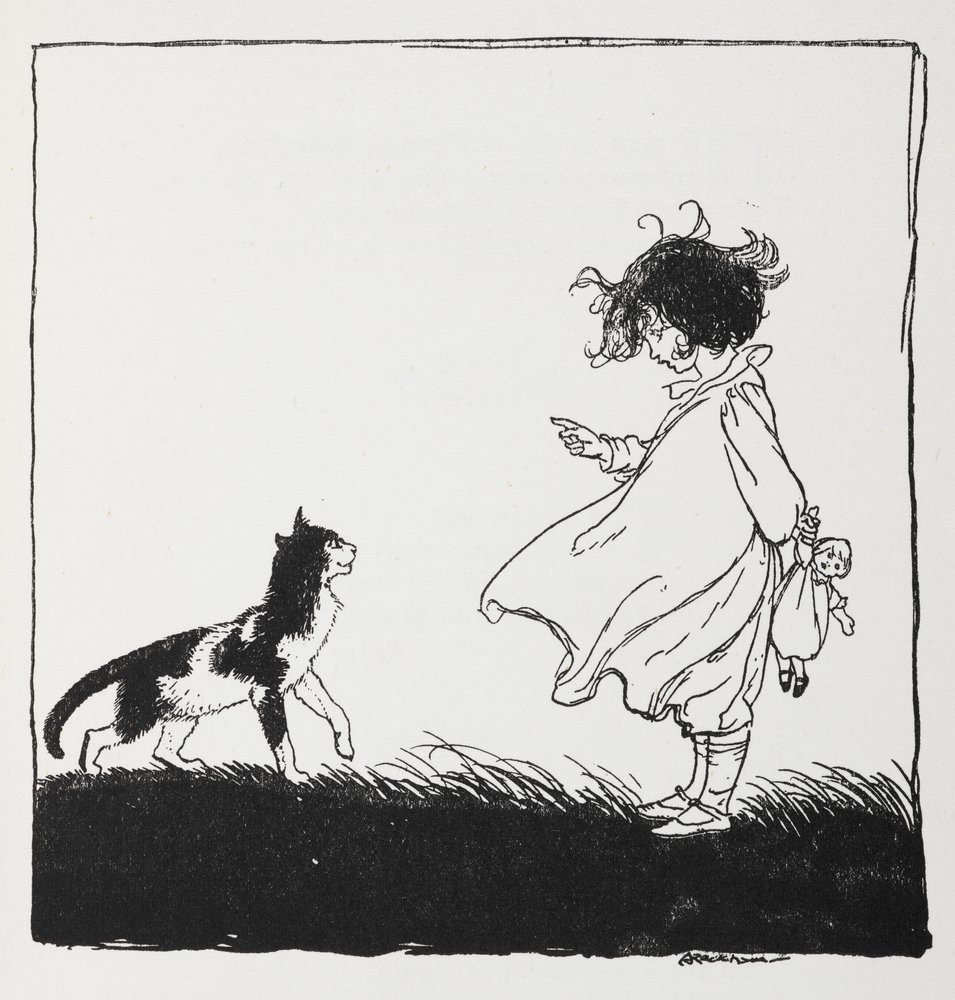 A girl with a doll tells off her cat by Arthur Rackham