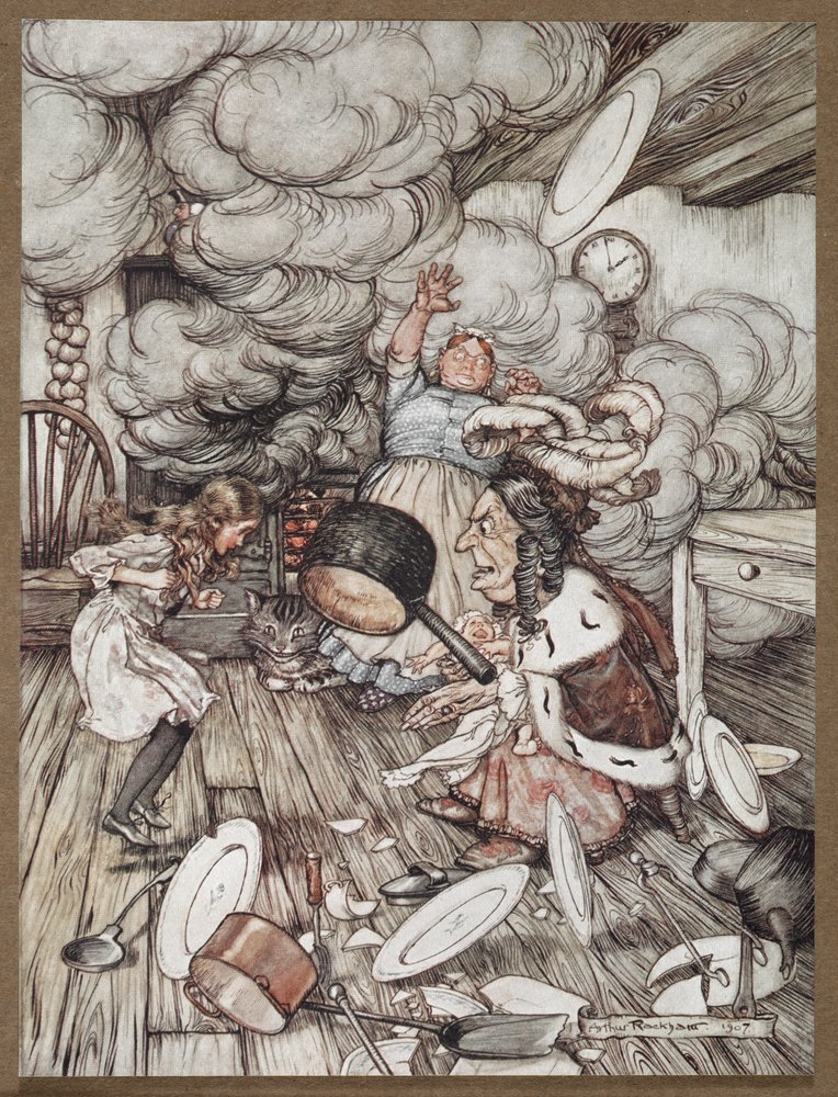 Alice in a kitchen with the Duchess, a cook and the Cheshire Cat