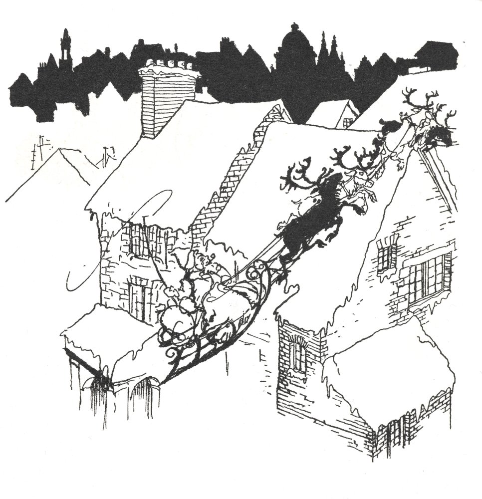 Father Christmas in his sleigh flying over snowy roof-tops