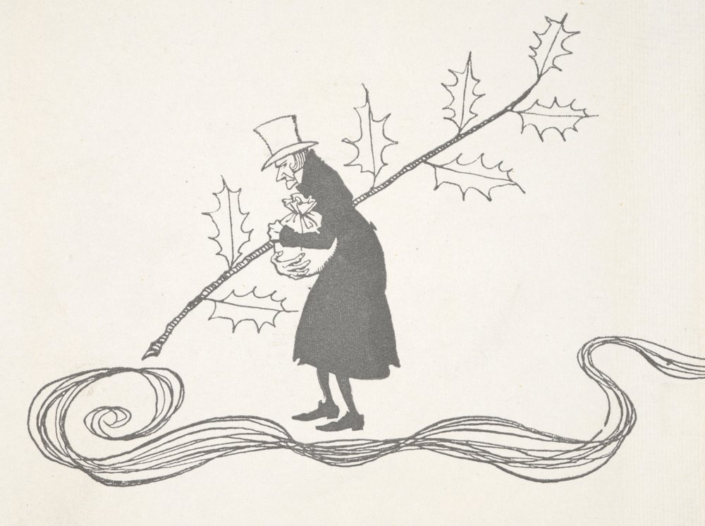 Illustration of Scrooge, depicted by a sprig of holly, clutching a bag ...