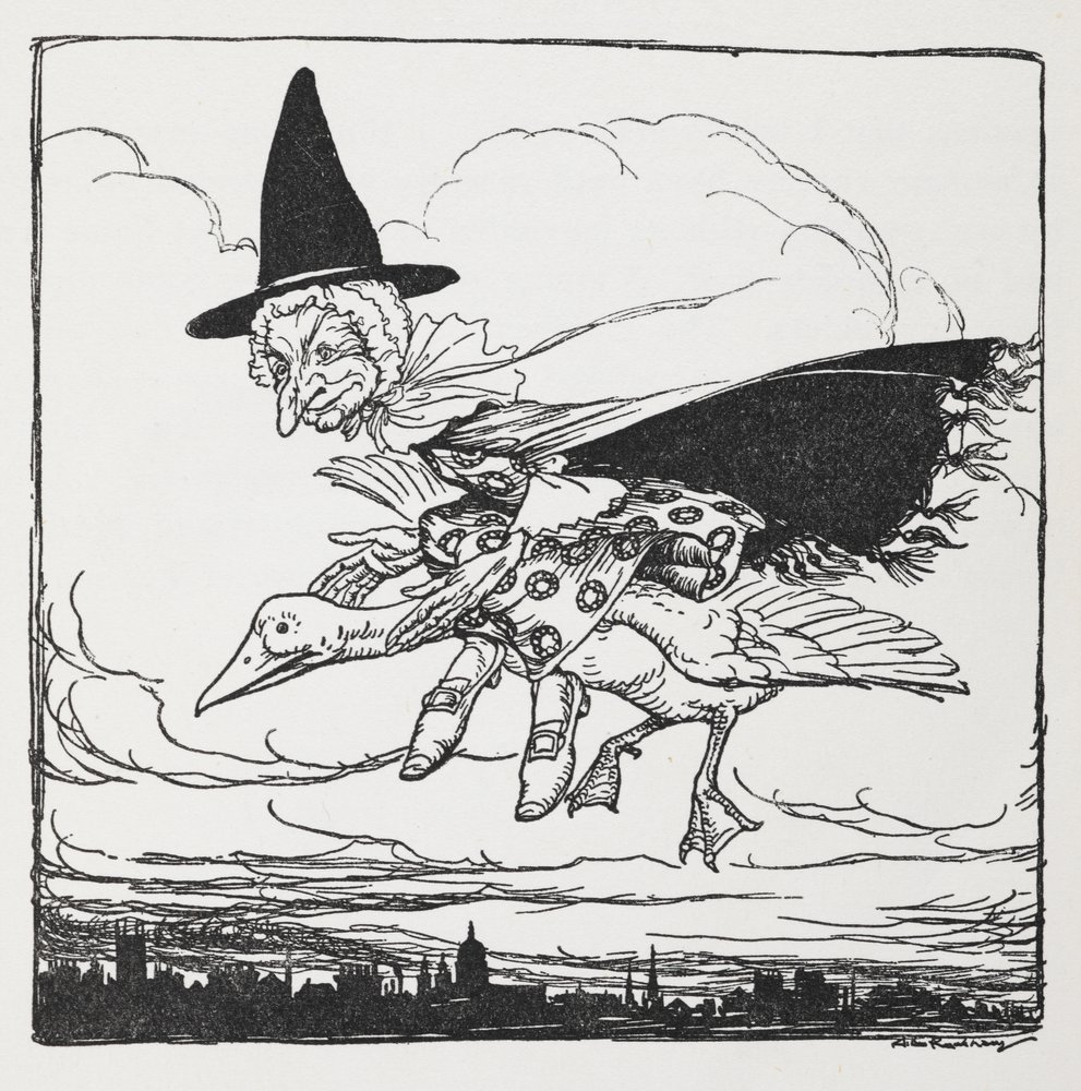 Mother Goose flying on a goose by Arthur Rackham