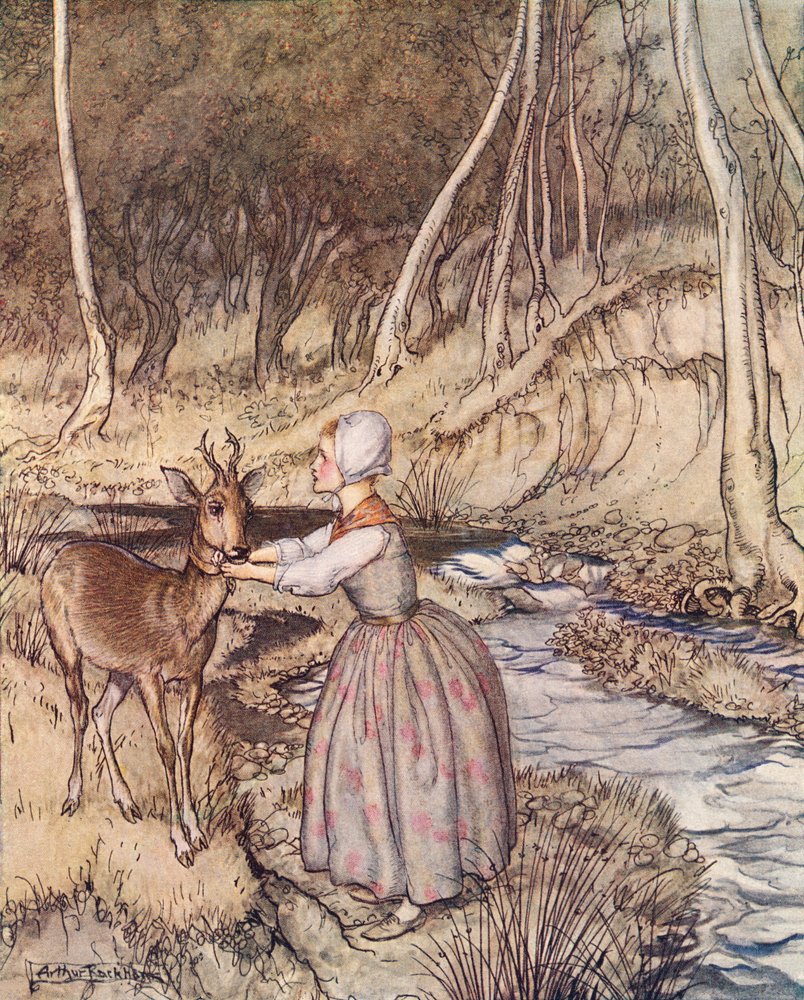 She took off her golden garter and put it round the Roe Buck's neck ...