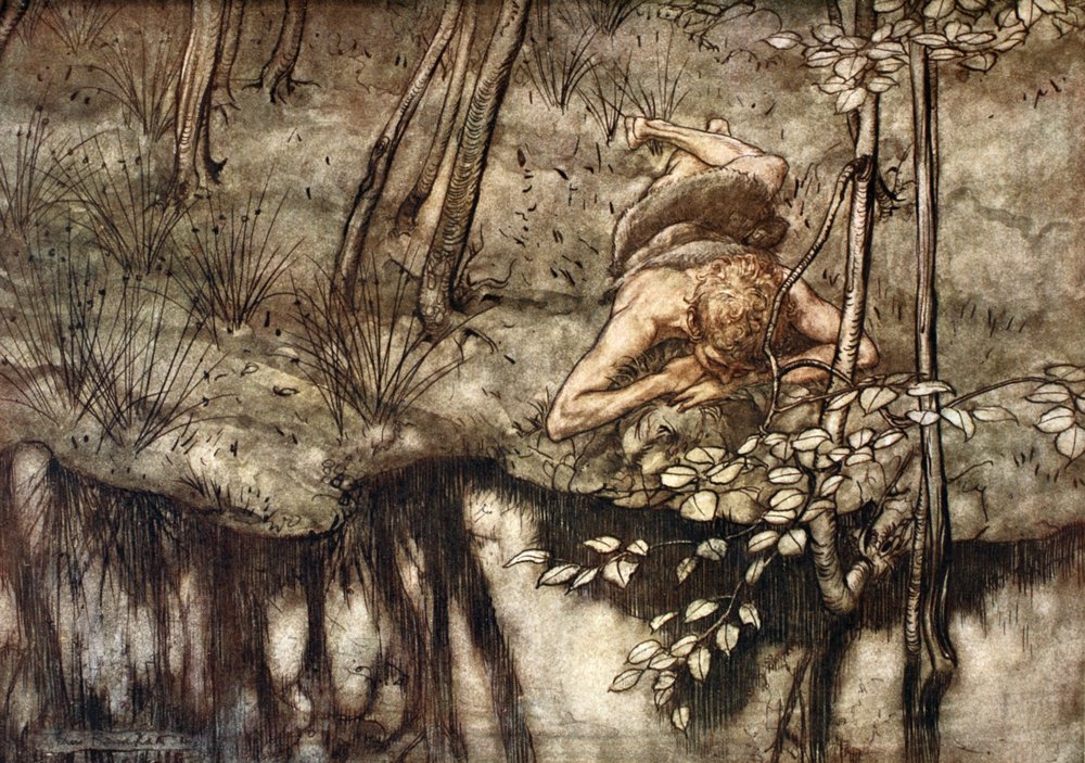Siegfried sees himself in the stream by Arthur Rackham