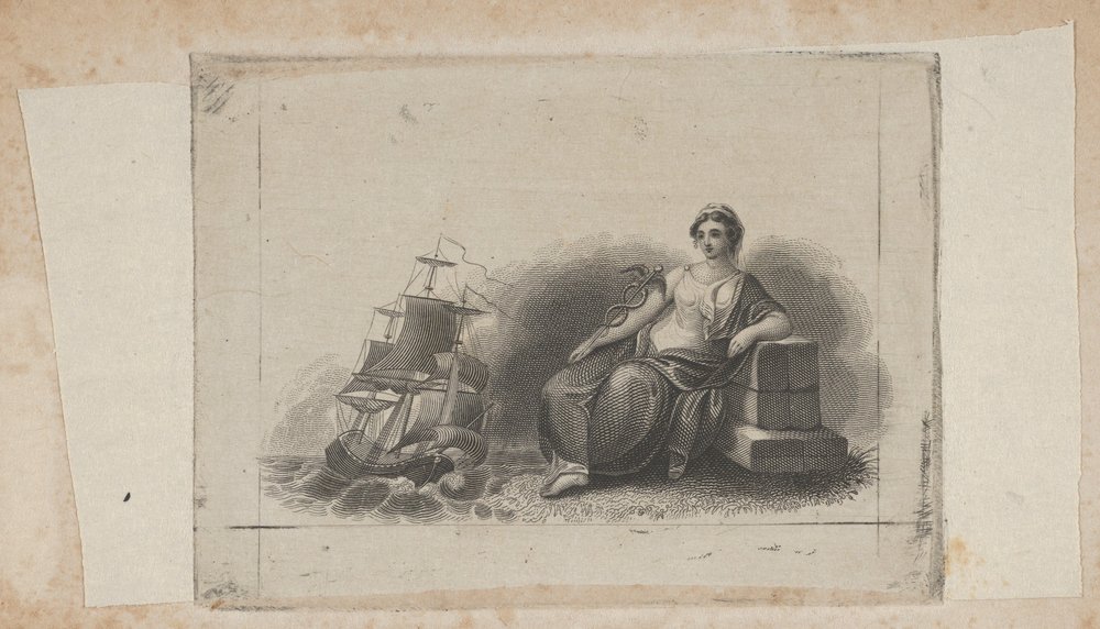Banknote vignette with female figure representing marine commerce, ca ...