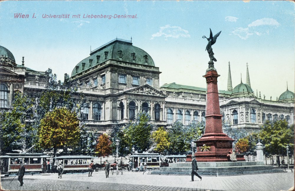 Postcard depicting the University of Vienna and the Liebenberg Monument