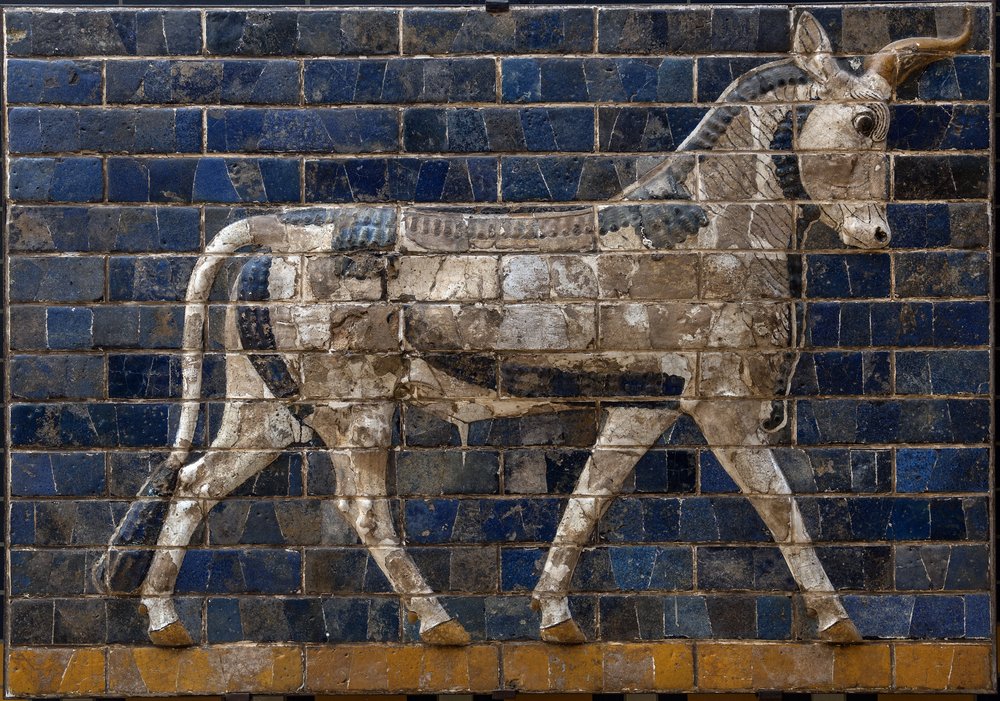 Sacred bull - enamel brick reliefs from the Ishtar Gate - Babylon ...