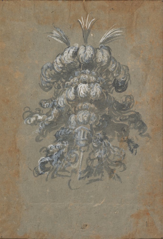 Design for a Lavish Headdress with Feathers on a Helmet (frontal view)