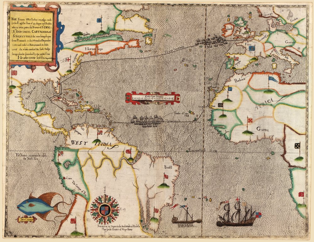 Route of Drake's Voyage Across the Atlantic Ocean, 1586